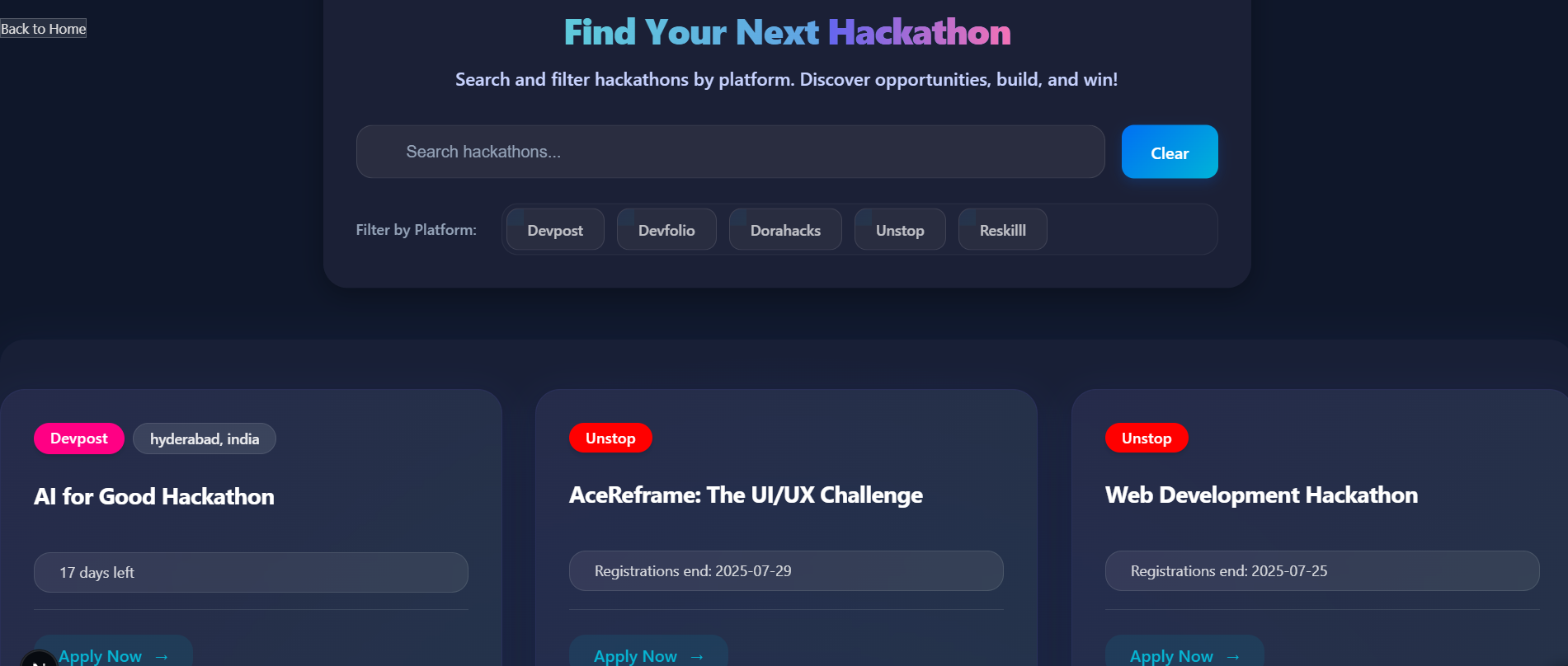 Hackathons Page Screenshot